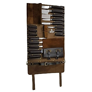 PROFESSIONAL CHEF Lightweight Genuine Premium Dark Brown Leather Large Chef Knife Bag/Knife Roll 16 Slots Space #K015