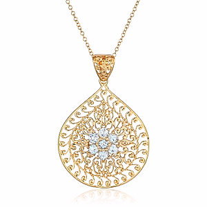 MORGAN & PAIGE 18K Yellow Gold-Plated .925 Sterling Silver Genuine Sky Blue Topaz Evil Eye Teardrop Filigree 1-5/8" Pendant Necklace on 18" Chain - December Birthstone