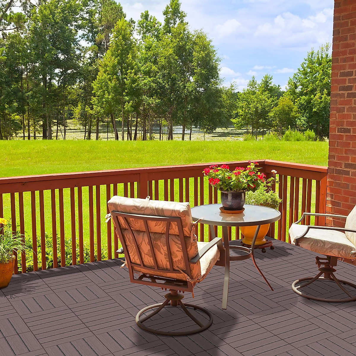 Goovilla Plastic Interlocking Deck Tiles, 9 Pack Patio Deck Tiles, 12"x12" Waterproof Outdoor Flooring All Weather Use, Patio Floor Decking Tiles for Porch Poolside Balcony Backyard, Dark Brown