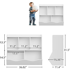 SUNNYFURN Kids 2-Tier Toy Storage Organizer Bookshelf - 5 Compartment Bookshelf & Toy Shelf for Kids' Room, Bedroom, Living Room, and Kindergarten - for Toys and Books White
