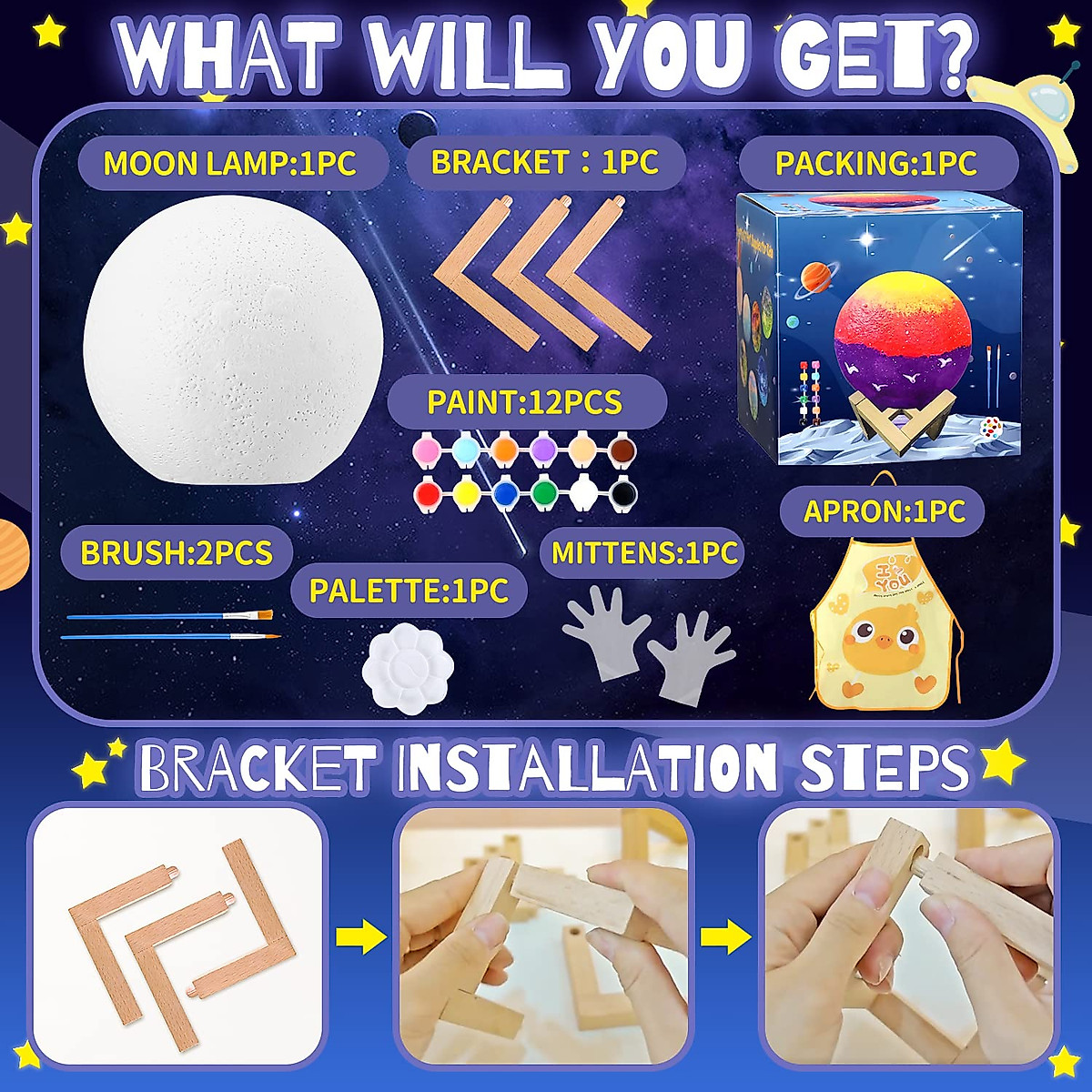 Paint Your Own Moon Lamp Kit, Valentines Crafts DIY 3D Moon Lamp Galaxy Light Art Supplies for Kids 9-12, Arts and Crafts for Kids Ages 8-12, Toys Boys Girls Birthday Gifts Ages 4 5 6 7 8 9 10 11 12+