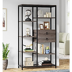 Tribesigns Bookshelf, Tall 5 Shelf Etagere Bookcase with 2 Drawers, 5 Tier Wood Open Bookshelf Displayshelf Decorative Shelves for Living Room Bedroom, Black & Gray