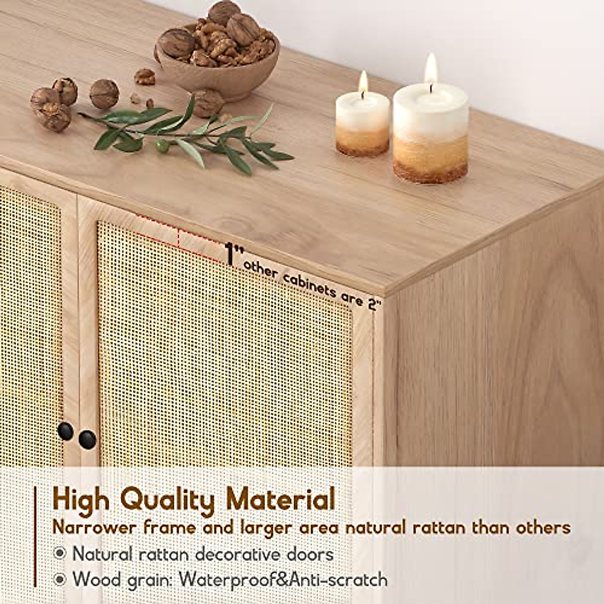 XIAO WEI Set of 2 Sideboard with Handmade Natural Rattan Doors, Rattan Cabinet Console Table Storage Cabinet Buffet Cabinet, for Kitchen, Living Room, Hallway, Entryway, Natural