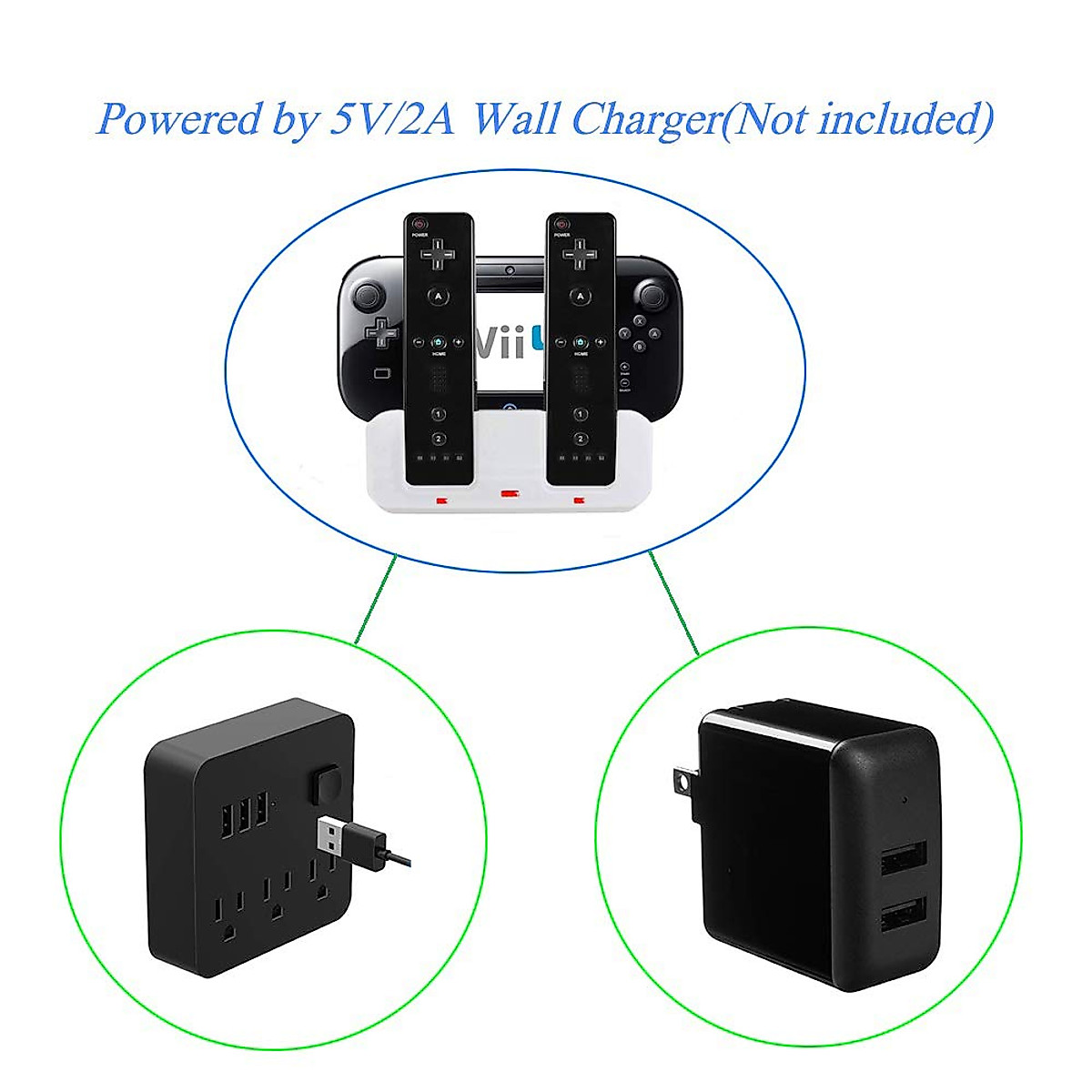 Wii U Charger Dock Station for Wii Remote & Wii U Gamepad with 2 Rechargeable Batteries Charging Cable Led Indicator -White