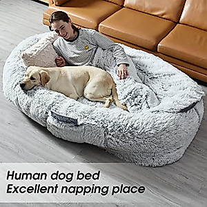 YAEM Human Dog Bed, 71"x45"x12" Dog Beds for Humans Size Fits You and Pets, Washable Faux Fur Human Dog Bed for People Doze Off, Napping Orthopedic Dog Bed, Present Plump Pillow, Blanket, Strap-Grey