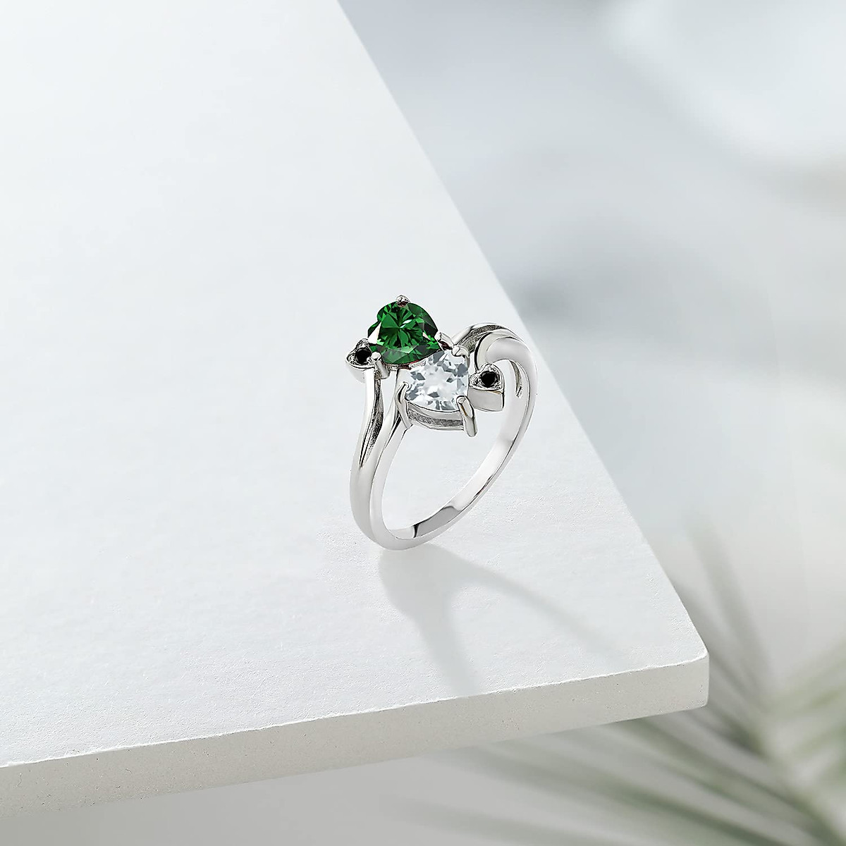 Gem Stone King 925 Sterling Silver Green Nano Emerald Sky Blue Aquamarine and Black Diamond Ring For Women (1.38 Cttw, Heart Shape 6MM, Gemstone May Birthstone, Available In Size 5, 6, 7, 8, 9)