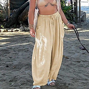 Hixiaohe Women's Casual Cotton Linen Lantern Pants Baggy Elastic Waist Drawstring Pleated Relax Fit Trousers with Pockets(Apricot,XL)