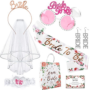 MOVINPE Bachelorette Party Accessories, Bride to Be Sash, Veil, Tiara, Sunglasses, Rhinestone Earrings, Kraft Gift Bags, Greeting Card, Wedding Garter, Pink Bridal Shower Party Decorations Supplies