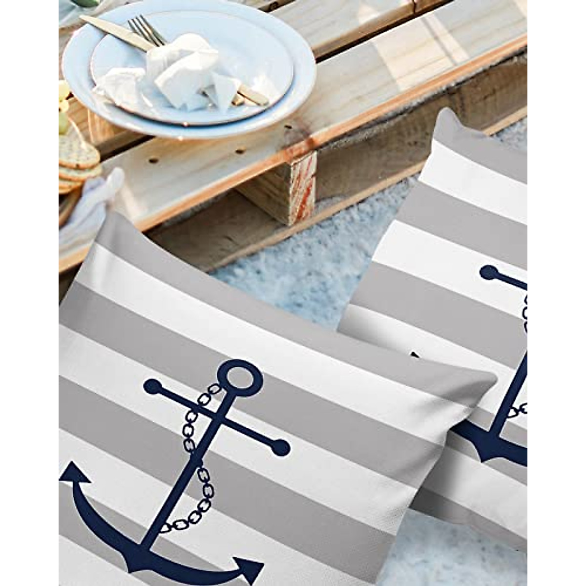 Outdoor Waterproof Throw Pillow Covers 2 Pack Square Pillowcases Grey White Stripes Anchor Pillow Protectors Decorative Cushion Cases for Patio,Garden,20x20 Inch