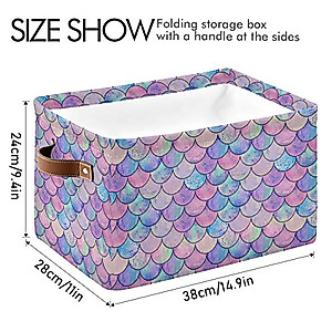 senya Large Foldable Storage Basket, Mermaid Fish Scale Wave Fabric Storage Bin Organizer Bag with Handles 15 x 11 x 9.5 inch