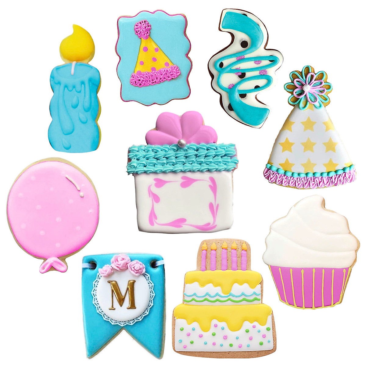 Birthday Cookie Cutters 9-Pc. Set Made in USA by Ann Clark, Cake, Candle, Present, Birthday Hat, Plaque and more