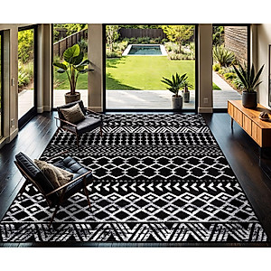 CAMILSON Boho Moroccan Black and White Rug Geometric Diamond 8x10 Area Rugs for Living Room Bedroom Kitchen Modern Bohemian Soft Stain Resistant Non-Shedding Indoor Carpet (8 x 10 Black - White)