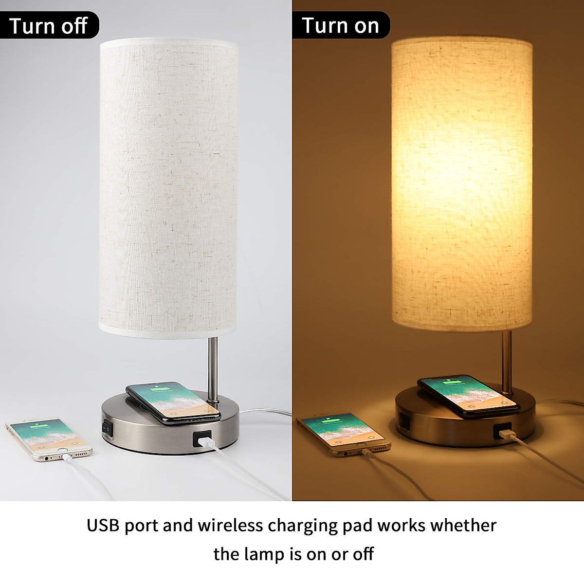 Wireless Charger Table Lamp, Bedside Lamp with USB Port and Wireless Charging Pad, Nightstand Lamp with Round Flaxen Fabric Shade for Bedroom Living Room College Dorm Office, Satin Nickel