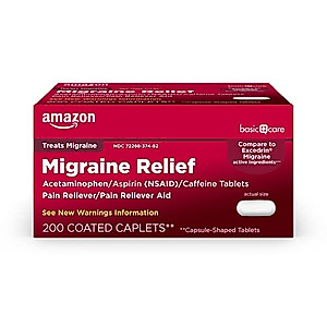 Amazon Basic Care Migraine Relief, Acetaminophen, Aspirin (NSAID) and Caffeine Tablets, Migraine Headache Relief, Pain Reliever/Pain Reliever Aid, 200 Count