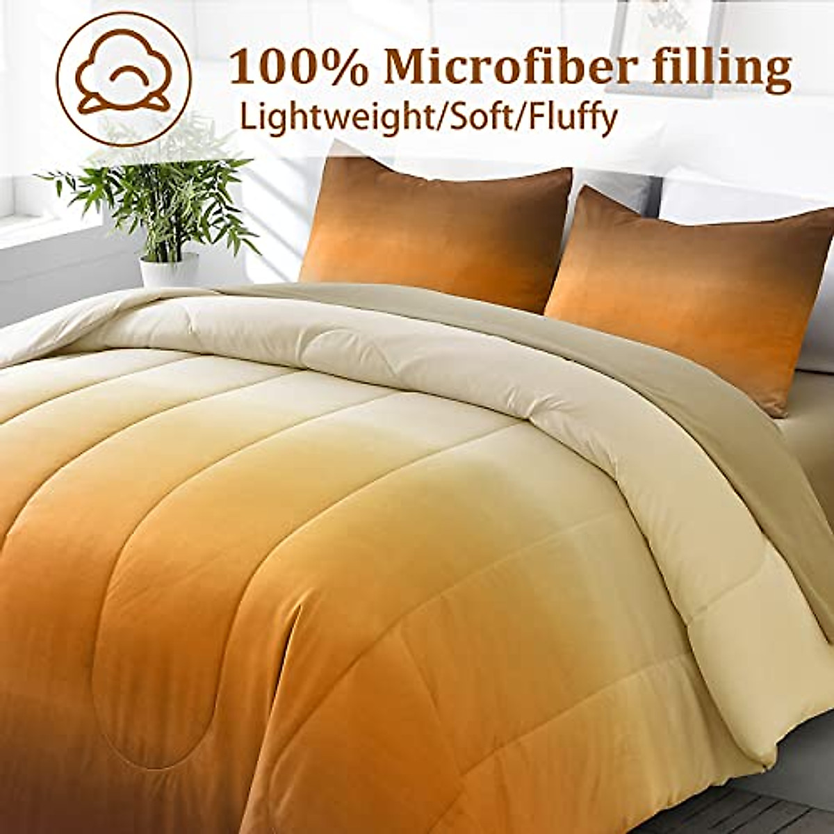 Gradient Brunt Orange Comforter Set Queen 7 Pieces Ombre Abstract Bed in a Bag Set for All Season - Lightweight Microfiber Bedding Set with Comforter, Pillowcases, Pillow Shams, Flat/Fitted Sheet
