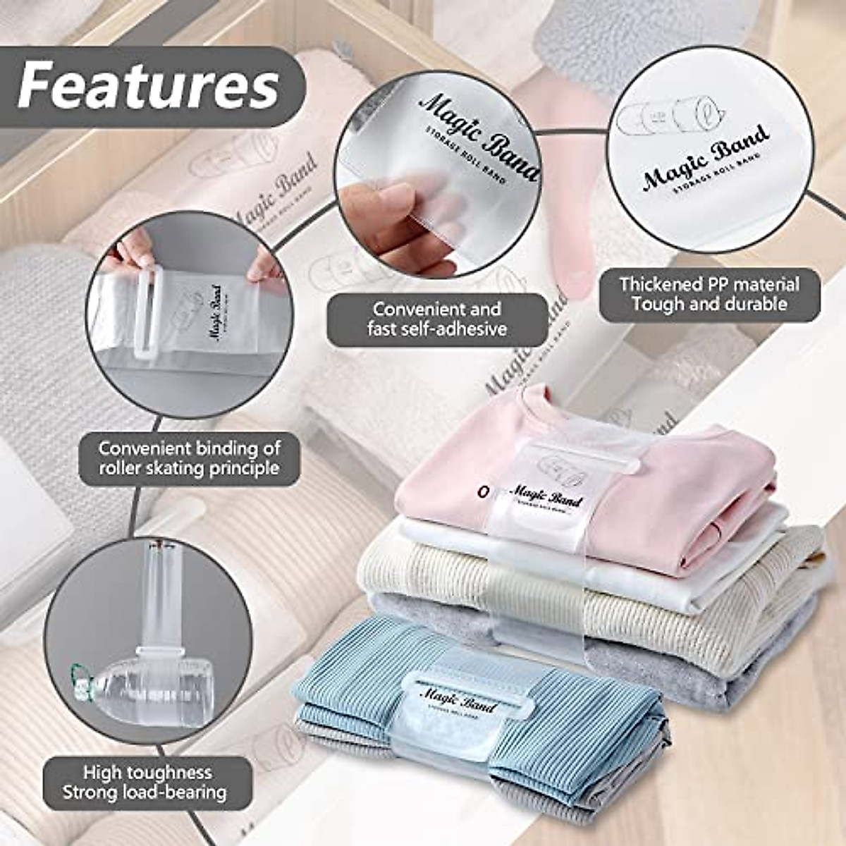 Closet Organizers Storage Belt Self-adhesive Durable PVC Clothes Stacking Organizer Strap for Folded Household Shirt T-shirts Pants Towels Bed Sheets Storage Roll Band Fold Up Organize (9)