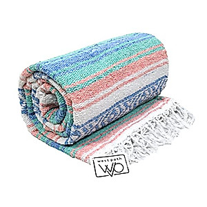 Open Road Goods Light Teal and Coral Mexican Blanket - Authentic Mexican Flasa - Great Yoga Blanket, Beach Blanket, Picnic Blanket, or Mexican Throw! Handwoven