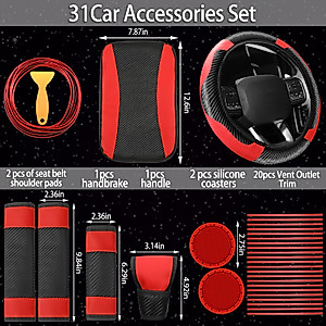 Riakrum 30 Pcs Car Accessories Set Red and Black PU Leather Steering Wheel Cover Auto Interior Accessories Gift Car Vent Trim Strips Air Conditioner Insert Strips with Installation Tool