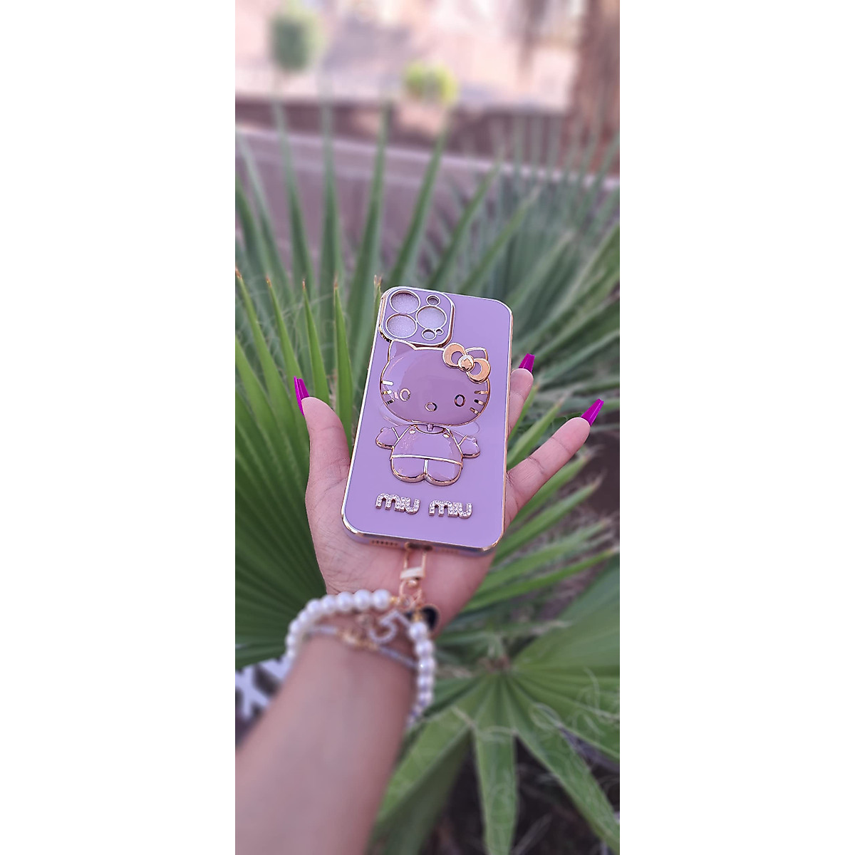Fancy Kitty Phone Case for Iphone14 Pro Max, 6D Plating MIUMIU with Wrislet Beaded Staps Keyring, Mirror with Kickstand Design, Luxury and Girly, Glossy, Hands-Free (Purple)