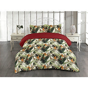 Ambesonne Exotic Duvet Cover Set, Bird of Paradise Flowers Tropical Design Pattern Vintage Hawaiian Style, Reversible 3 Piece Bedding Set with 2 Pillow Shams, Queen, Marigold Green