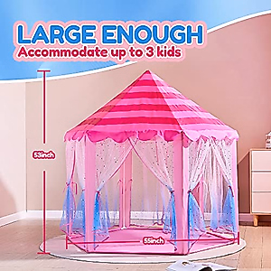 KIDAMI Princess Tent 55" x 53" Large Playhouse for Kids, Barbie Tent Pink Castle, Toddlers Play Tent with Star Lights and Carry Bag, Birthday Gifts and Toys for Girls Indoor and Outdoor