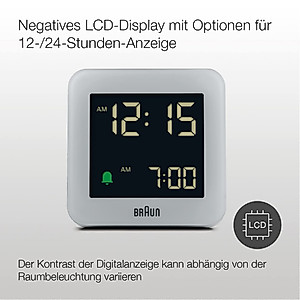 Braun Digital Alarm Clock with Snooze, Negative LCD Display, Quick Set, Crescendo Beep Alarm in Grey, Model BC09G.