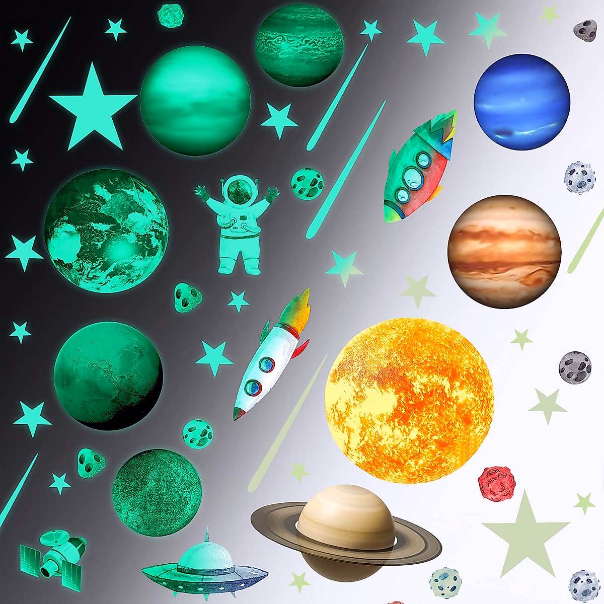 71 Pieces Glow in The Dark Solar System Wall Decals, Glowing Stars Planets for Ceiling Galaxy Astronaut Rocket Space Shooting Stars Wall Decor Stickers for Girls Boys Kids Bedroom Living Room