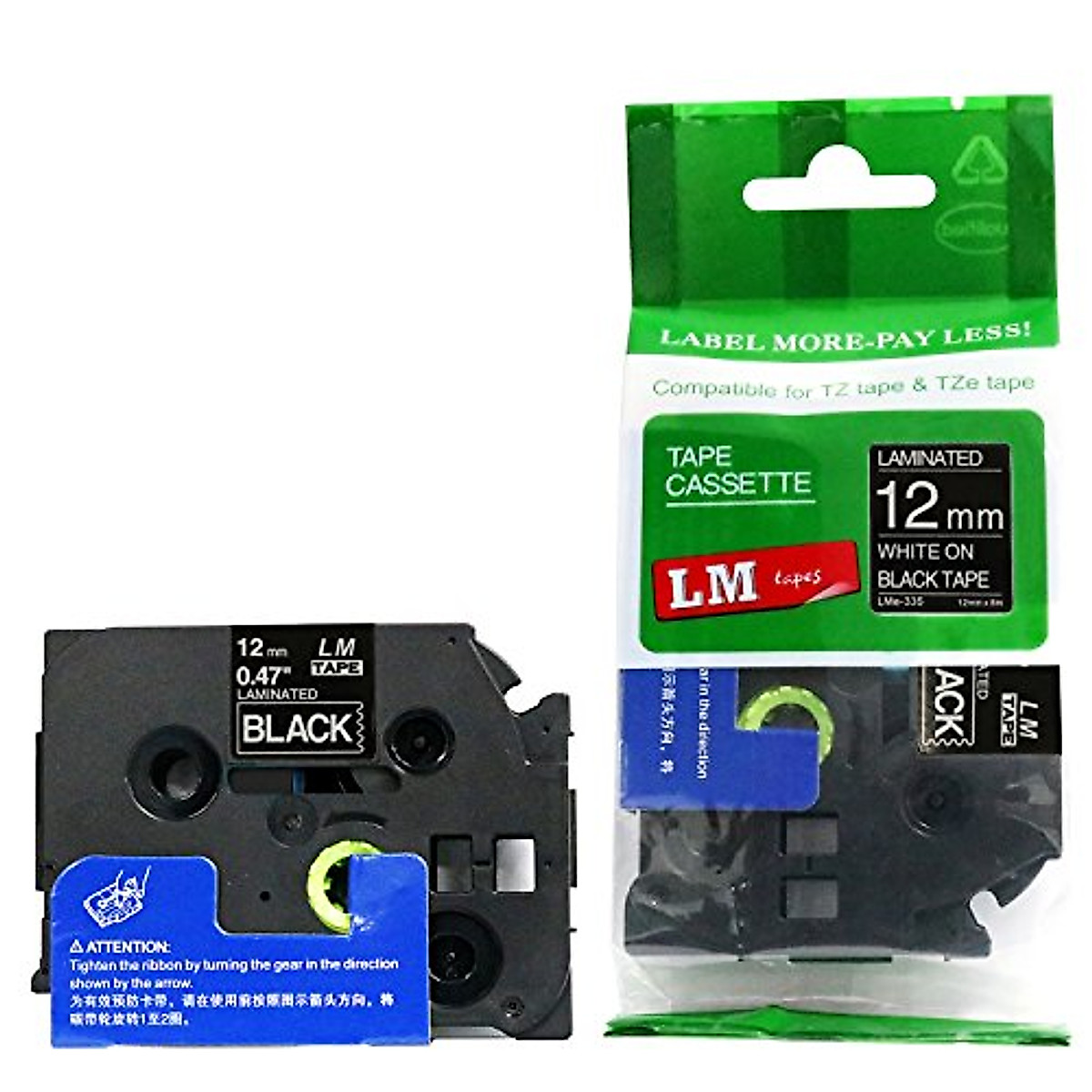 LM Tapes - Brother PT-1010 1/2" (12mm 0.47 Laminated) White on Black Compatible TZe P-Touch Tape for Brother Model PT1010 Label Maker with Free Tape Guide Included