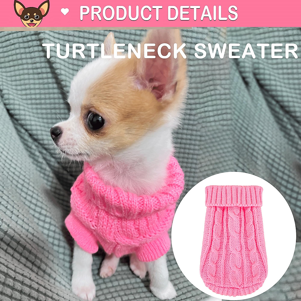Kallfir's cutie XXS Dog Sweater, 2 Pieces Turtleneck Knitted Chihuahua Sweater Yorkie Teacup Dog Clothes Small Dogs Girl Winter Warm Sweaters Pet Cat Sweater Cold Weather Puppy Clothes XX-Small