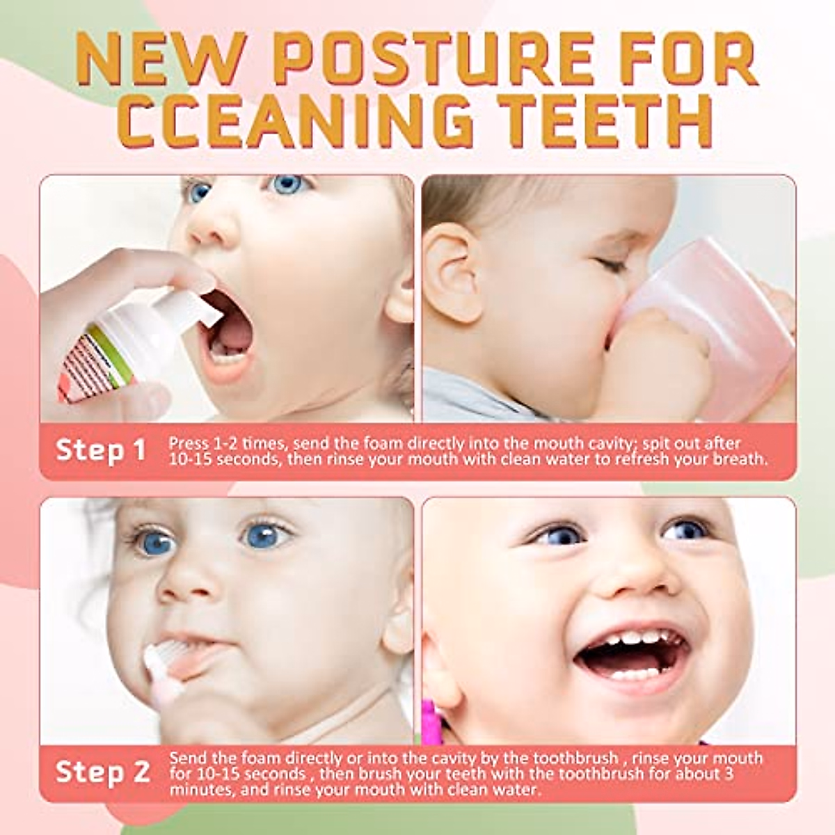 Foam Toothpaste Kids, Toddler Toothpaste with Low Fluoride, Kids Foam Toothpaste for U Shaped Toothbrush Electric Toothbrush, Foam Toothpaste for Children Kids Ages 3 Plus (Watermelon+Strawberry)