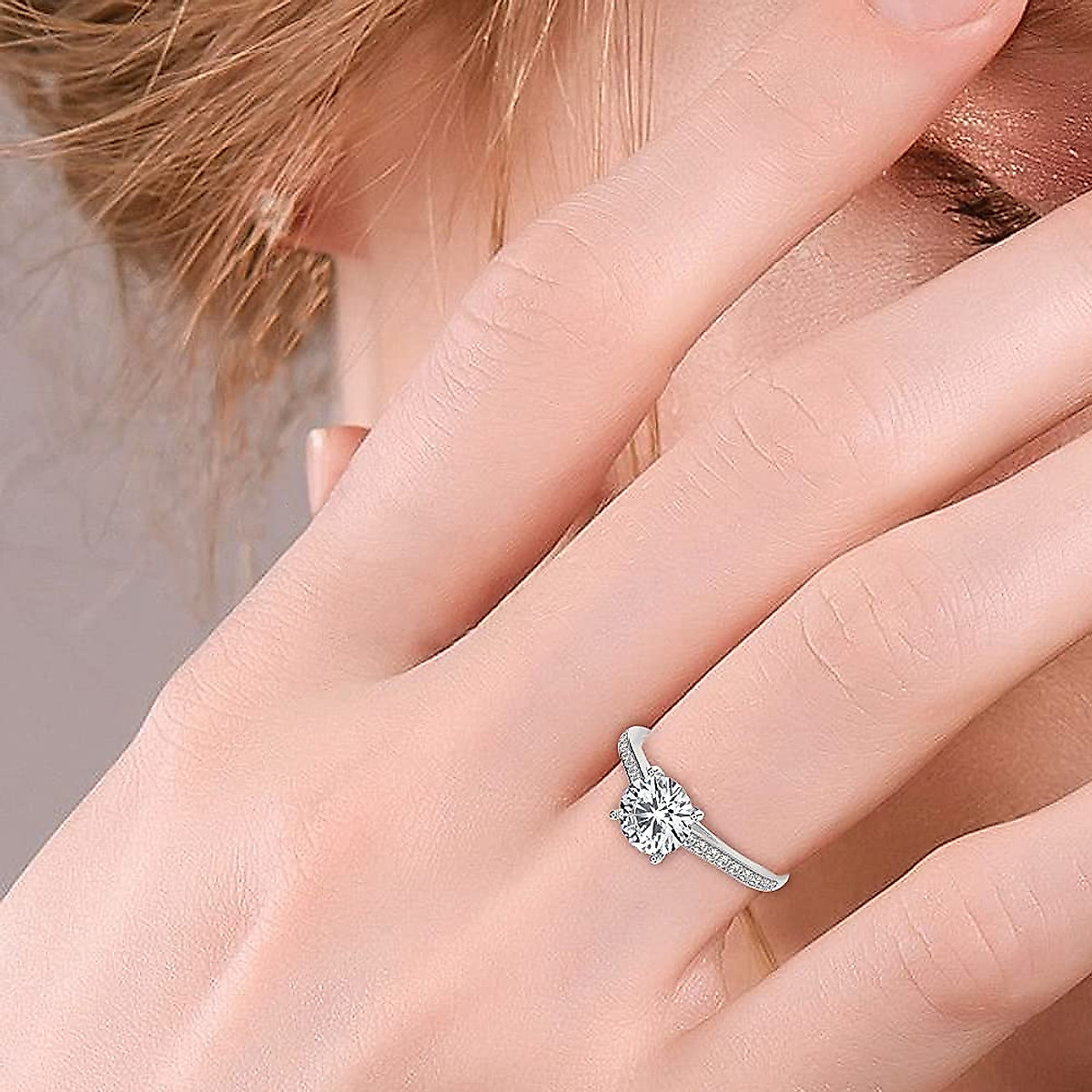 JINAO 1.0 Carat Classical Moissanite Iced Out Prong Ring Platinum Plated Sterling Silver Round Cut Solitaire Ring Engagement Promise Wedding Eternity Band for Women(Platinum,7)