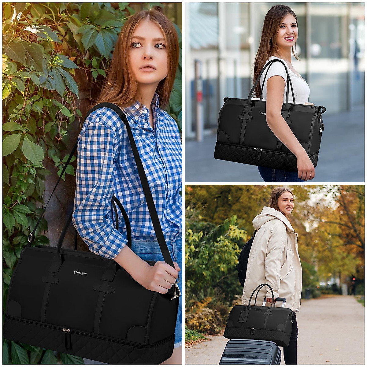 ETRONIK Weekender Overnight Bag for Women, Large Travel Duffle Bag with Shoe Compartment & Wet Pocket, Carry On Tote Bag Gym Duffel Bag with Toiletry Bag for Hospital 4 Pcs Set, Large Size, Black