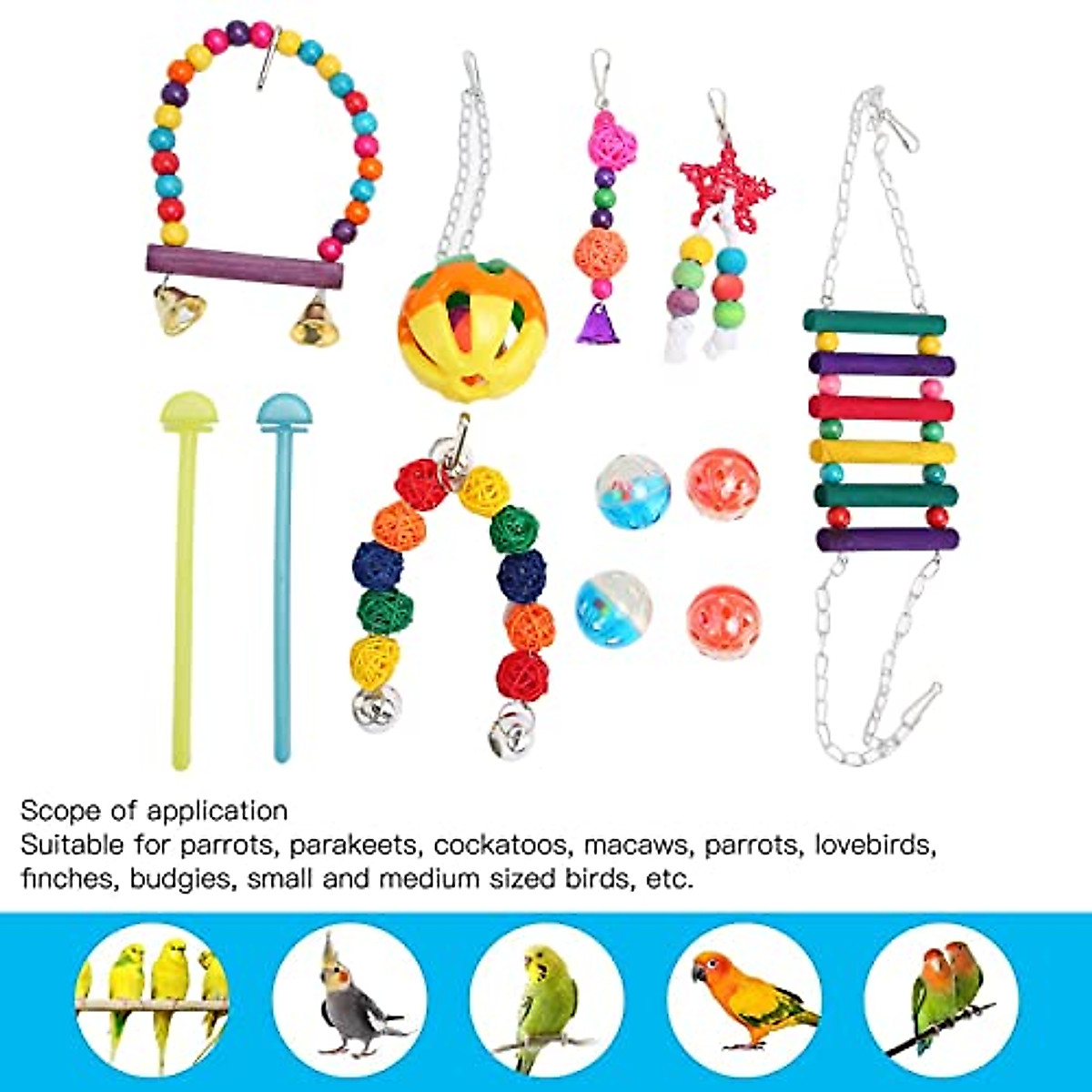 Deosdum 12Pcs Bird Toys Parrot Chewing Toys,Hanging Bell Pet Bird Cage Hammock Swing Toy Hanging Toy for Small Parakeets Cockatiels, Conures, Macaws