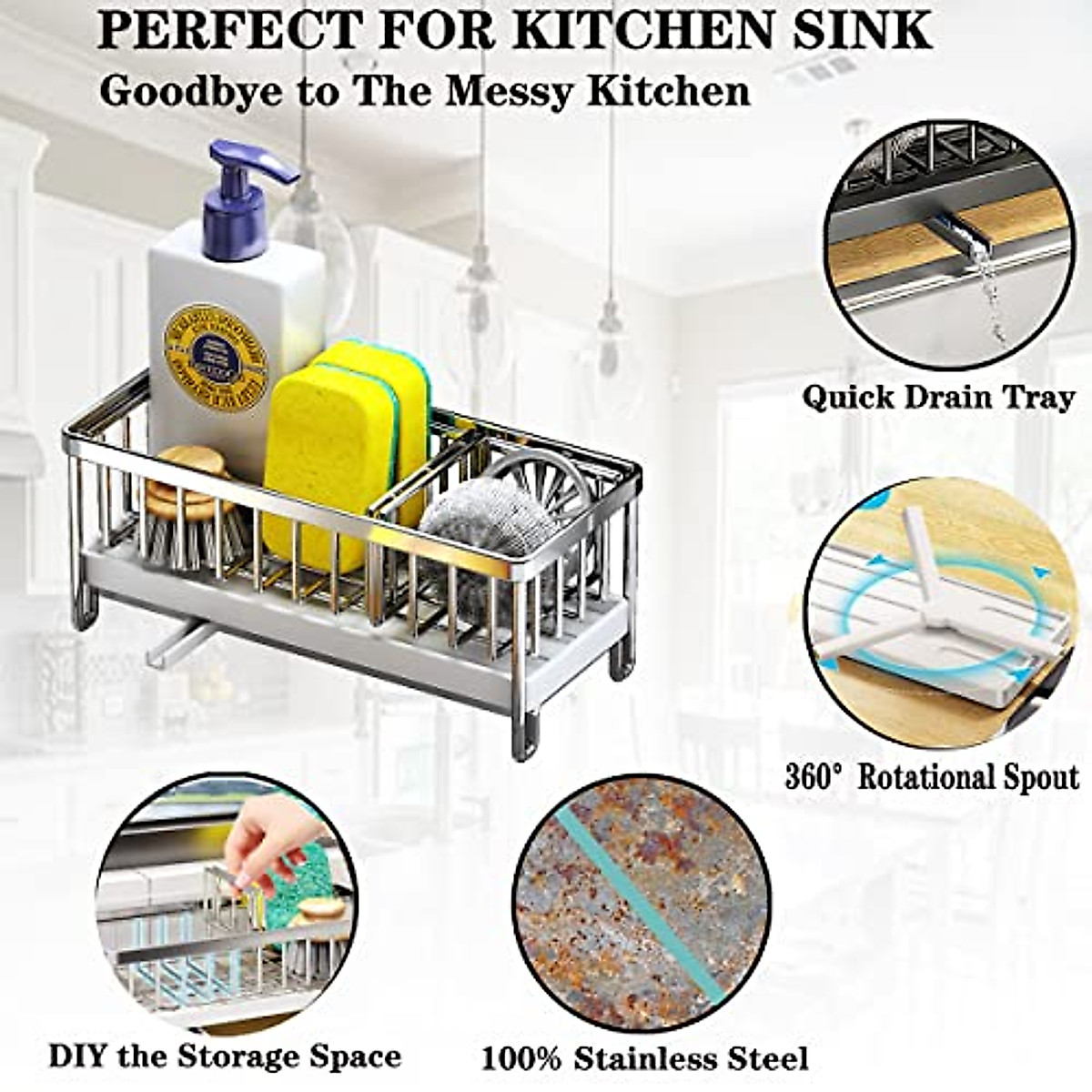 Trusthere Sink Caddy Sponge Holder for Kitchen Sink - Sink Counter Organizer-Stainless Steel Tray for Sponge, Dish Rags Brush, Soap Scrubber, and Utensils with Auto Drain Tray