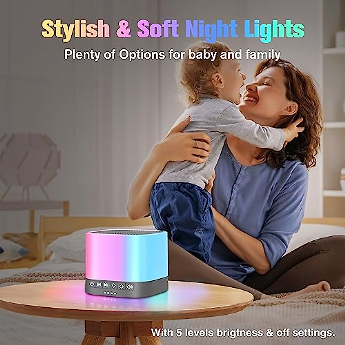 Buffbee Sound Machine with Night Light, 20 Soothing Sleep Sounds, Customizable Glow Lights with 10 Colors, Battery or AC Adapter Powered, Non-Looping White Noise for Kids, Adults and Baby