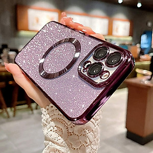 aowner Magnetic Case for iPhone 13 Pro Max Glitter Case, Luxury Plating Cute Bling with Camera Lens Protector, Compatible with MagSafe, Slim Thin for Women Girls Protective Clear Phone Case, Purple