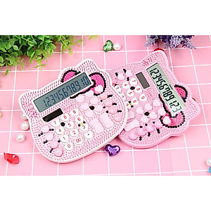 Cute Calculator Cat Crystal Calculator Girl and Women Pink Calculator Large LCD Display Dual Drive by Solar Energy and Battery for School Office Home