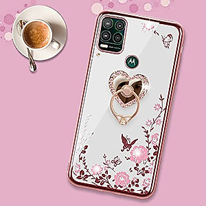 for Moto G Stylus 5G Case for Women, Motorola G Stylus 5G Case Glitter Crystal Butterfly Heart Floral Slim TPU Luxury Bling Cute Protective Cover with Kickstand+Strap for Moto G Stylus 5G-Rose Gold
