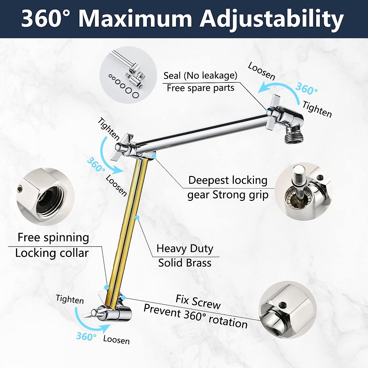 PDPBath Shower Extension Arm, 16" Upgrade Solid Brass Shower Head Shower Head Extender, Adjustable Height Extended with G1/2 Universal Connection for Rain & Handheld Shower Head - Chrome