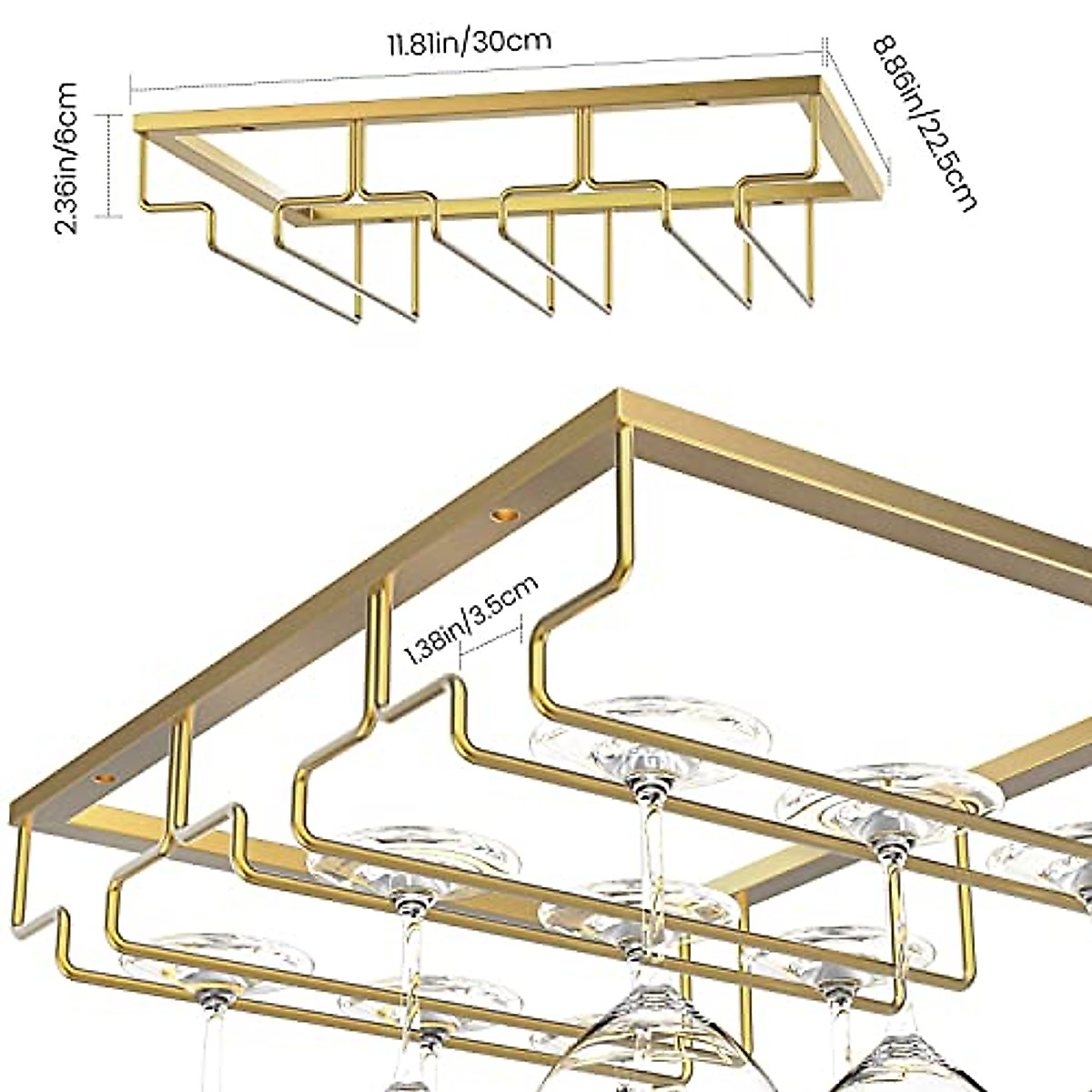 Nuovoware Wine Glass Rack, Wine Glass Hanger Rack Under Cabinet Stemware Wine Glass Holder Storage Hanger for Bar Kitchen Cabinet (3 Rows) - Gold