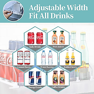 Drink Organizer For Fridge - Fridge Organizers Self Pushing Drink Dispenser, Drink Dispenser for Fridge w/Smooth Spring & Conveyor Belt, Adjustable 6 Can & Can Organizer for Refrigerator, 17.3"D