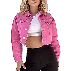 Floerns Women's Button Front Ripped Crop Denim Jacket Coat Pink M