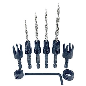 FTG USA Wood Countersink Drill Bit Set Sizes 6 8 10 12 Countersink Tapered Drill Bits, 2 Wood Plug Cutter 3/8" & 1/2" with 3 Replacement Bits #8 (11/64"), 2 Stop Collars, 1 Allen Wrench, Hex Shank