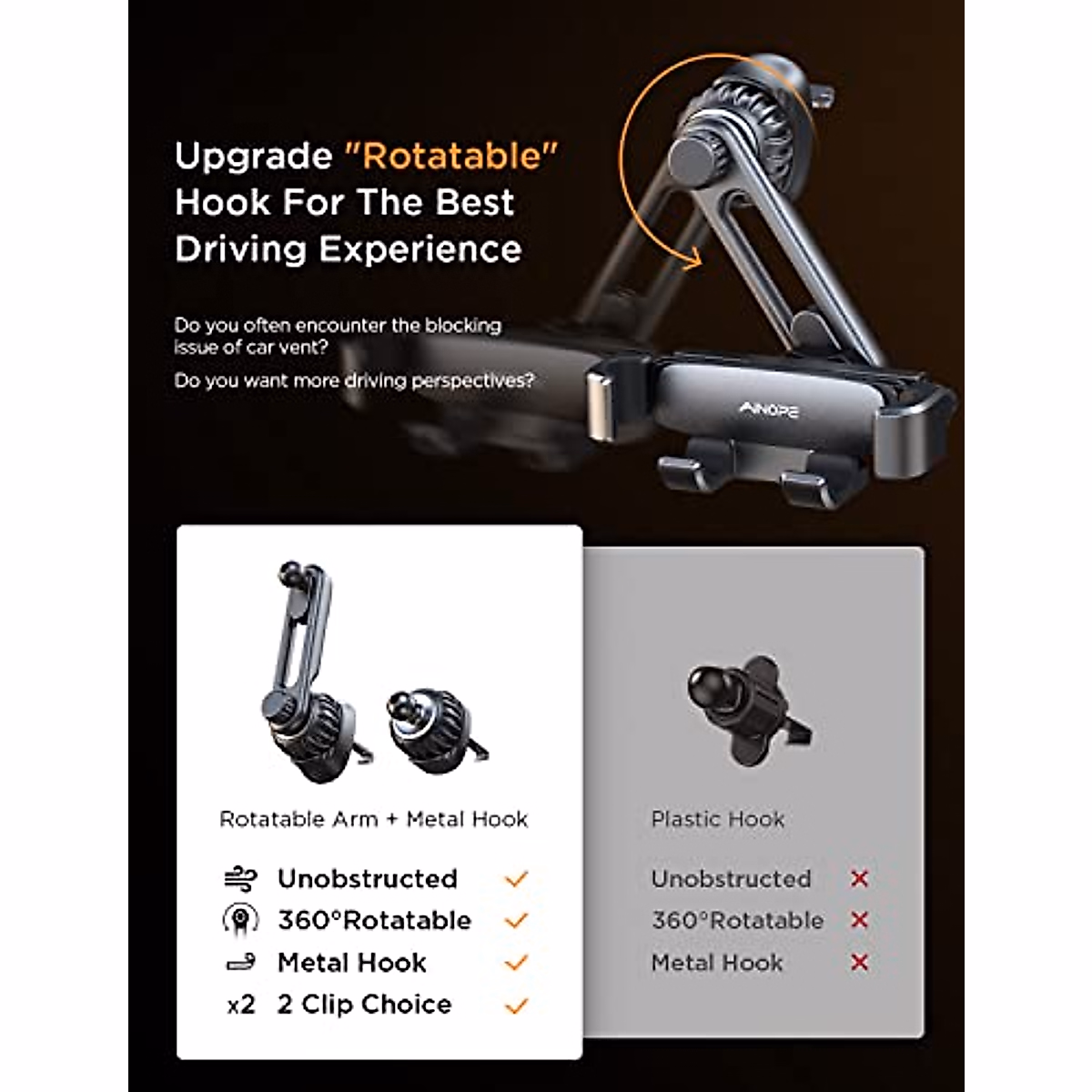 AINOPE Car Phone Holder Mount 2023 Gravity Vent Phone Mount For Car With Extention&Short Air Vent Clip Never Blocking Cell Phone Holder Mount For Car Vent Compatible With iPhone 14 Pro Max 13 and More