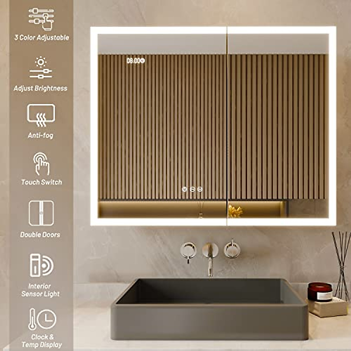 LIGMIRR Bathroom Medicine Cabinet with Lights, 36×30 Inch LED Medicine Cabinet with Mirror, Double Door Lighted Medicine Cabinet with Defogger, Dimmer, Clock & Temp Display, 2 Outlets & USB Ports