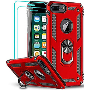 LeYi Compatible for iPhone 8 Plus Case, iPhone 7 Plus Case, iPhone 6 Plus Case with Tempered Glass Screen Protector [2Pack], Military-Grade Phone Case with Ring Kickstand for iPhone 6s Plus, Red