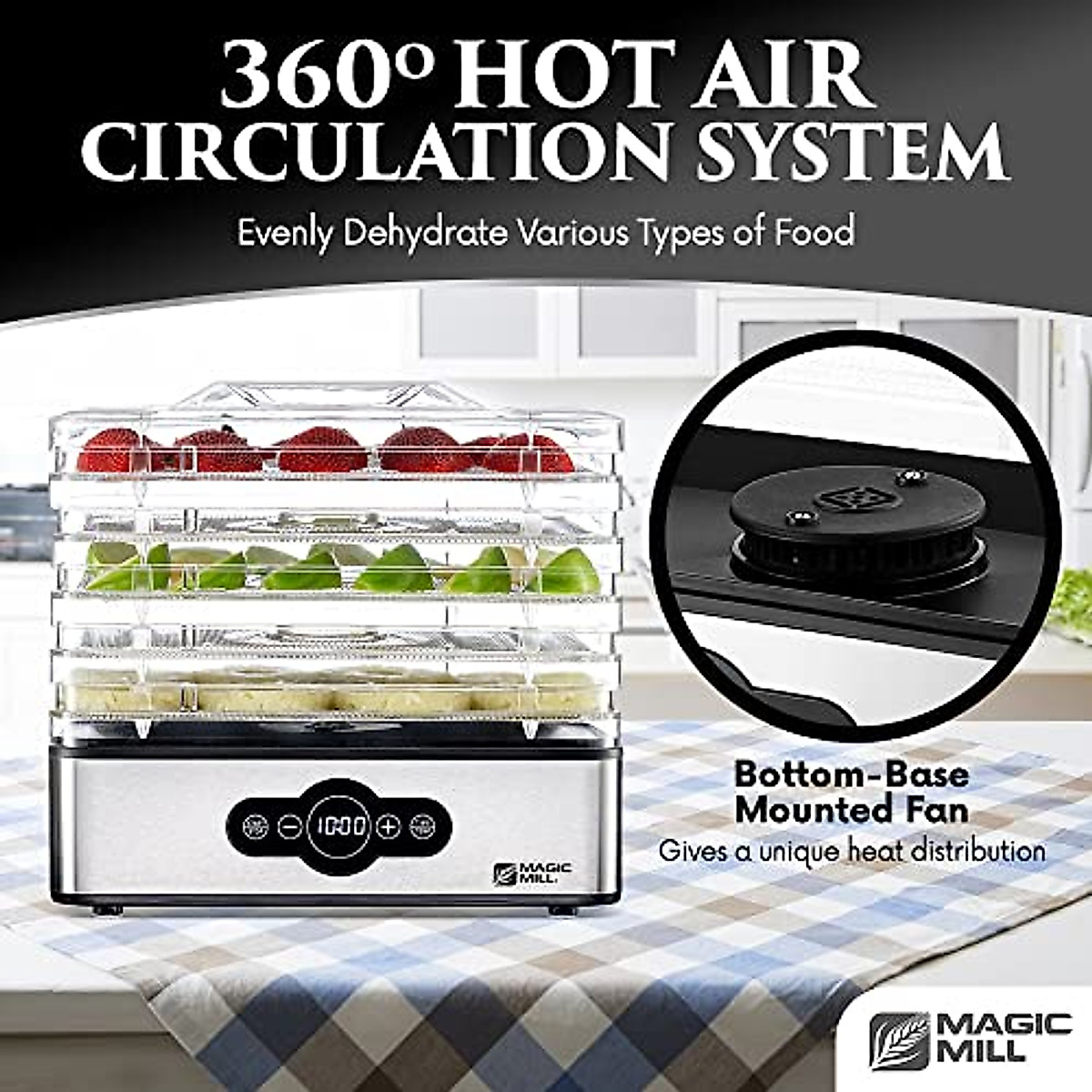 Magic Mill Food Dehydrator Machine | 5 Stackable Stainless Steel Trays Jerky Dryer with Digital Adjustable Timer and Temperature Control - Electric Food Preserver Machine with Powerful Drying Capacity for Fruits, Veggies, Meats & Dog Treats (5 Stainless S