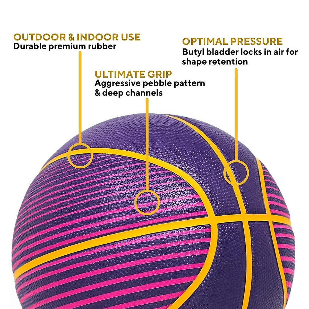 Chance Premium Rubber Outdoor/Indoor Basketball (5 Kids & Youth - 27.5", Rise - Purple, Pink, Yellow) Standly The Ball Stand