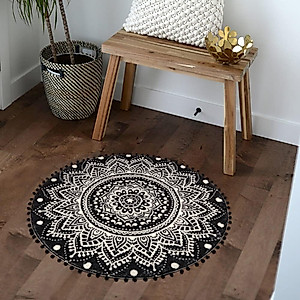 Uphome Small Round Rug 2.3’ Black Mandala Boho Bathroom Rugs with Pom Poms Fringe Washable Circle Shower Mat Soft Non-Slip Cute Circular Throw Rug for Sink Powder Room Bedroom Kids Room Nursery