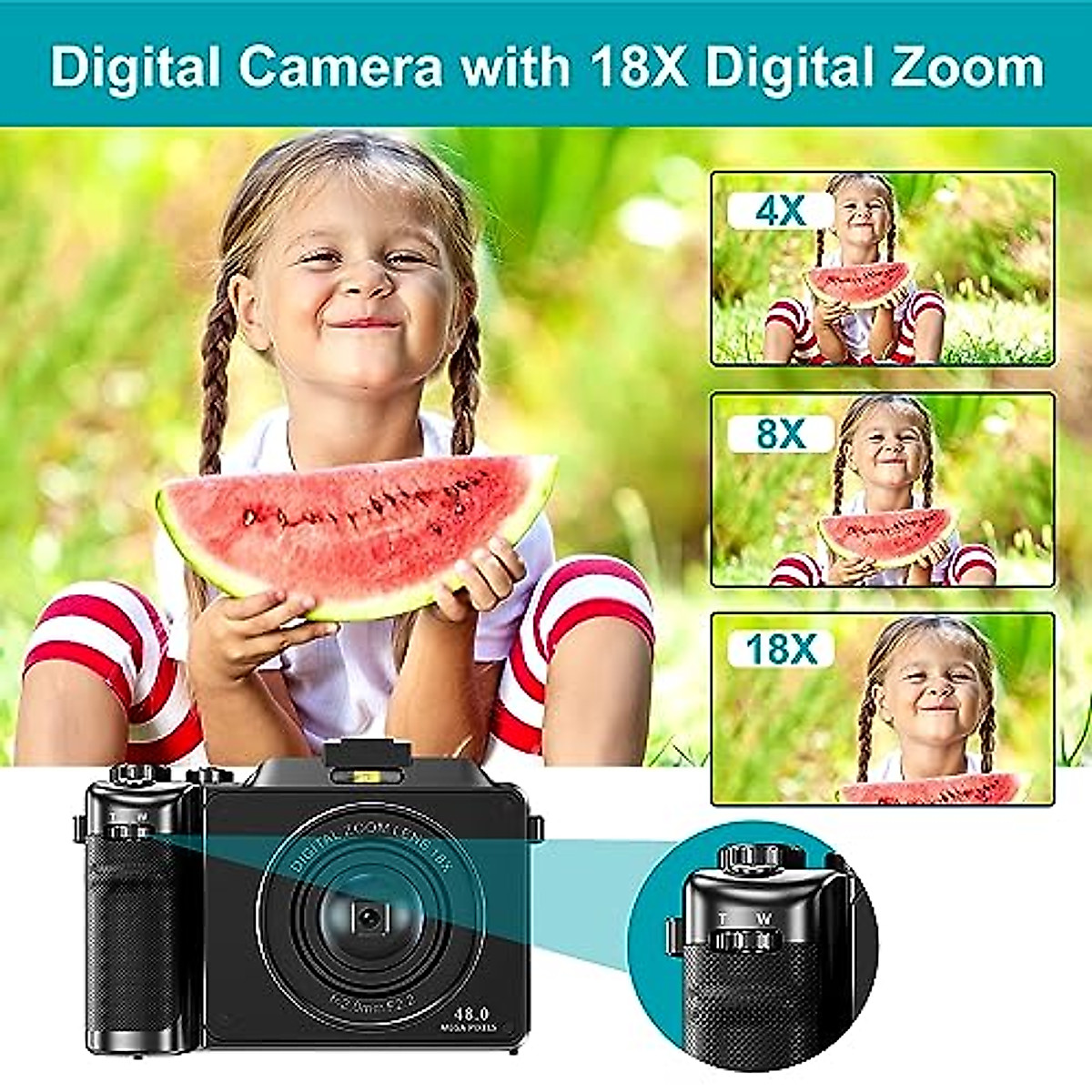 Camera for Photography, 4K Digital Camera Anti-Shake 48MP Compact Video Camera with 18X Digital Zoom, Travel Autofocus WiFi Vlogging Camera Point and Shoot Camera with 32GB TF Card, 2 Batteries